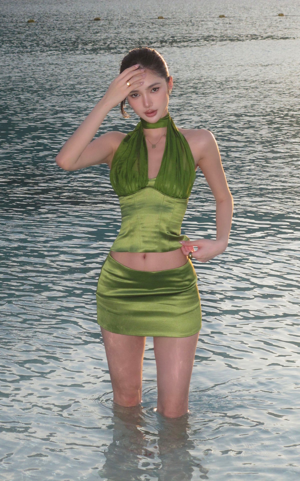 ROVENTE Satin Mesh-Drape Halter Top & Micro Mini Skirt Set – PINKPARKS