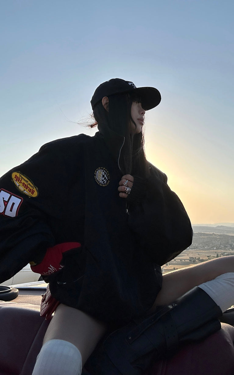 WARDEN EDGE Racing Patch Zip Jacket with Elastic Cuffs and Retro Embro ...