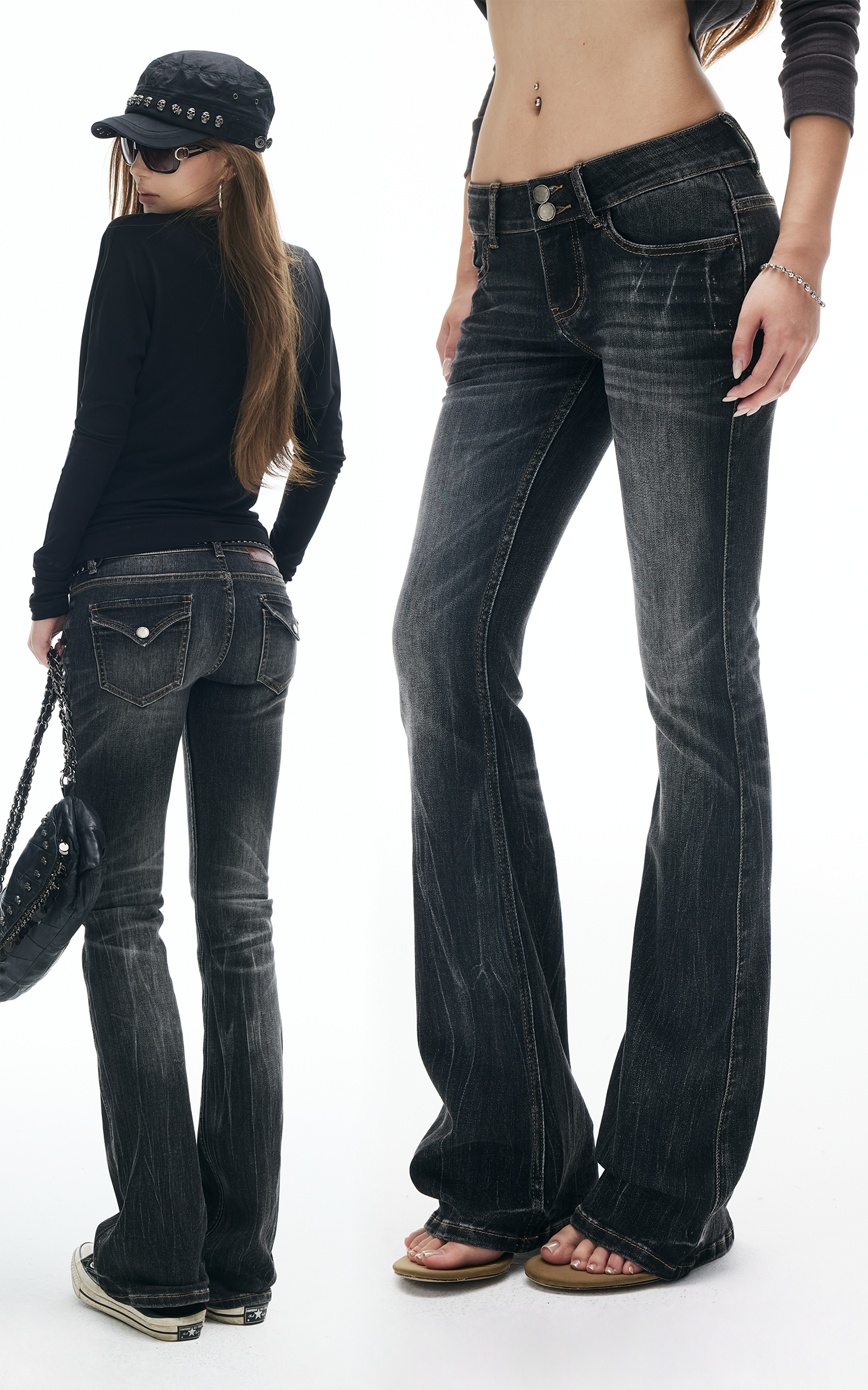 IAMXIAA Low Rise Washed Flare Jeans with Distressed Fade – PINKPARKS