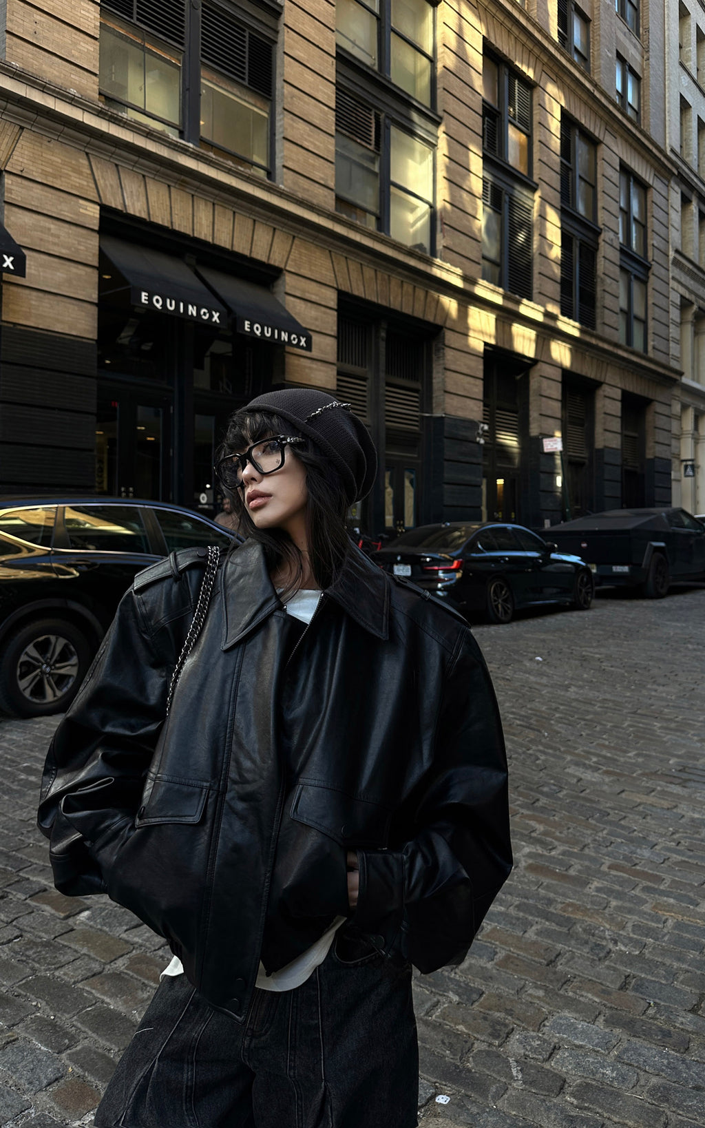WARDEN EDGE Cropped Leather Jacket with Epaulettes and Utility Pockets ...