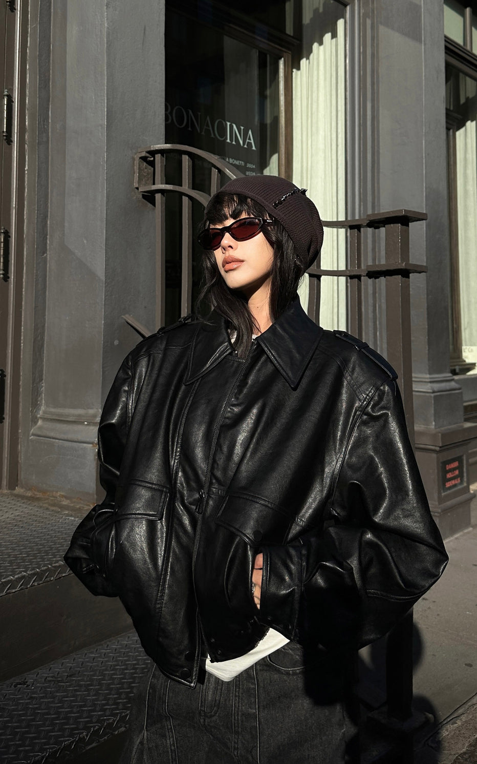 WARDEN EDGE Cropped Leather Jacket with Epaulettes and Utility Pockets ...
