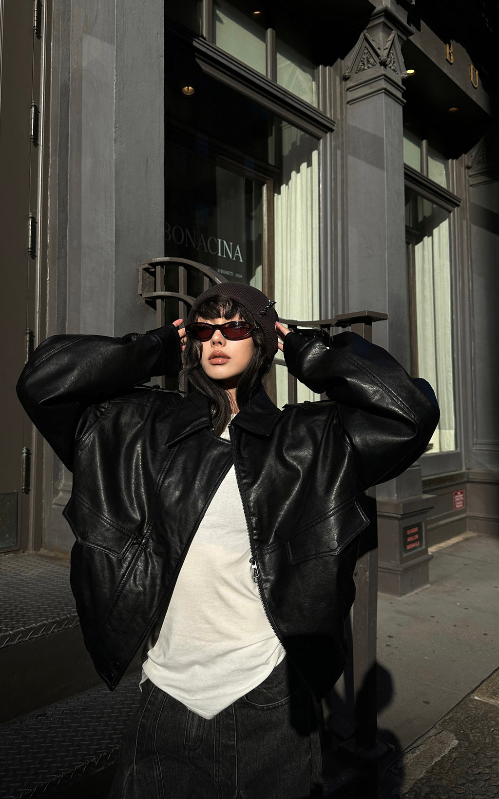WARDEN EDGE Cropped Leather Jacket with Epaulettes and Utility Pockets ...