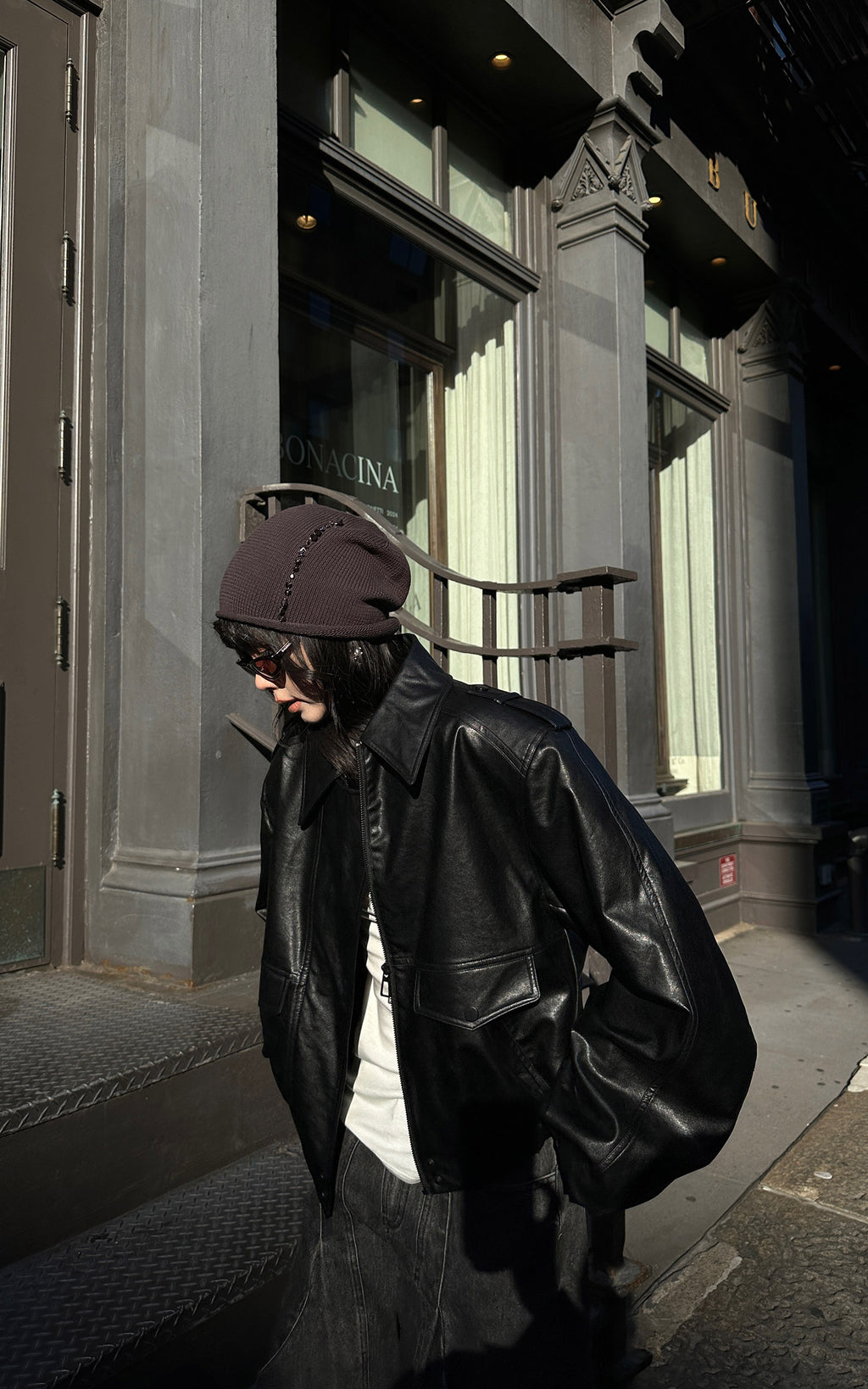 WARDEN EDGE Cropped Leather Jacket with Epaulettes and Utility Pockets ...